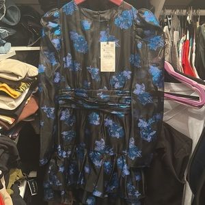 Zara | Dresses | Zara Organza Dress Black With Blue Flowers | Poshmark